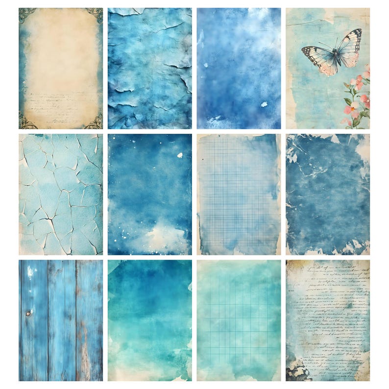 Vintage Blue Printable Paper, Blue Junk Journal Pages, Shabby Chic ...