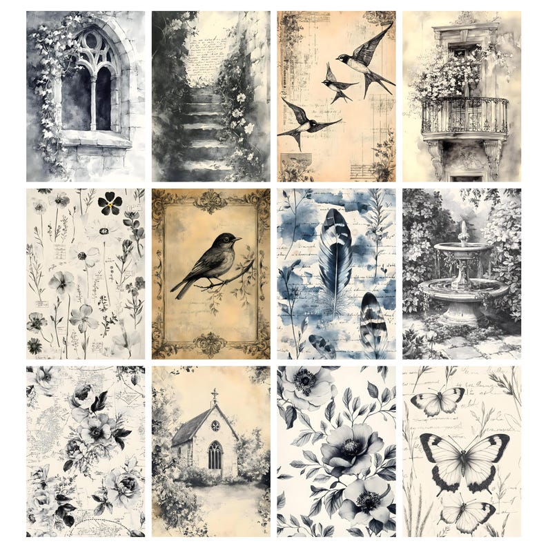 Black White Paper, Ink Saver Printable Stamp Pages, Grunge Botanical ...