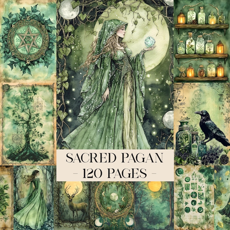Sacred Pagan Junk Journal Pages, Digital Scrapbook Paper, Green Witch ...