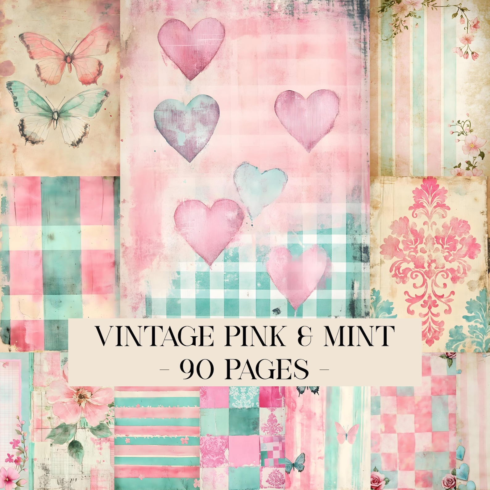 Vintage Pink and Mint Junk Journal Paper, Distressed Cottage Shabby ...