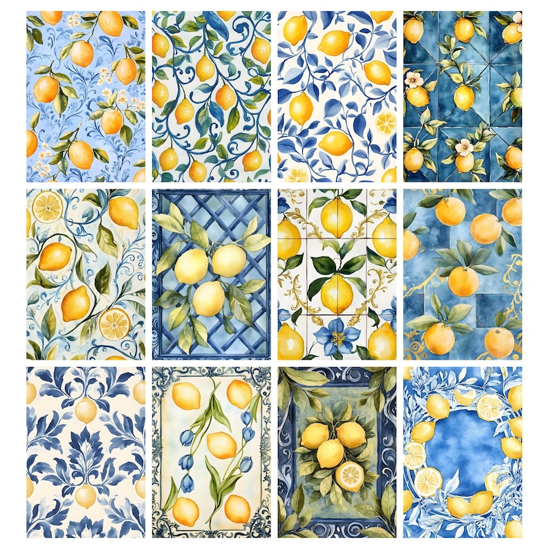 Mediterranean Lemon Pattern, Watercolor Lemon Digital Papers, Sicilian ...