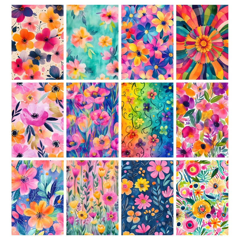 Floral Pattern, Floral Digital Papers, Watercolor Bright Colorful Boho ...