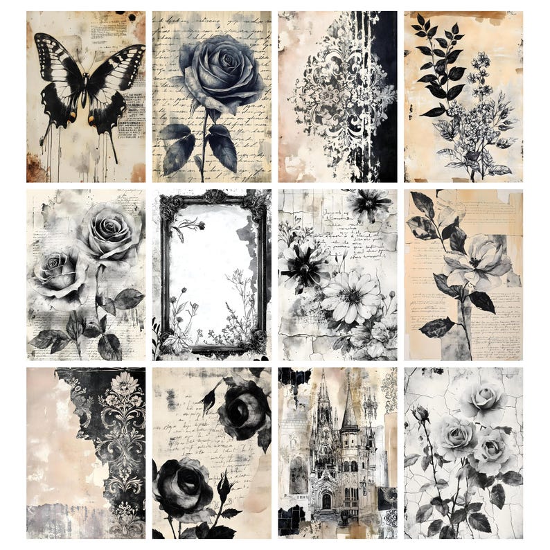 Black and White Distressed Junk Journal Pages, Vintage Grunge Printable ...