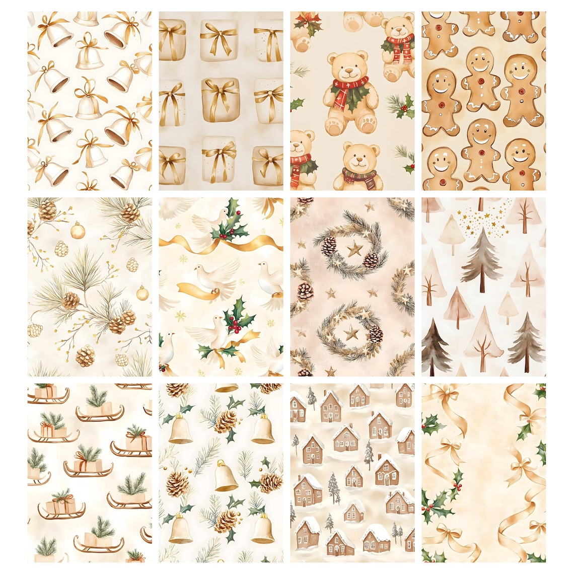 Beige Christmas Digital Papers, Scrapbook Backgrounds, Neutral ...
