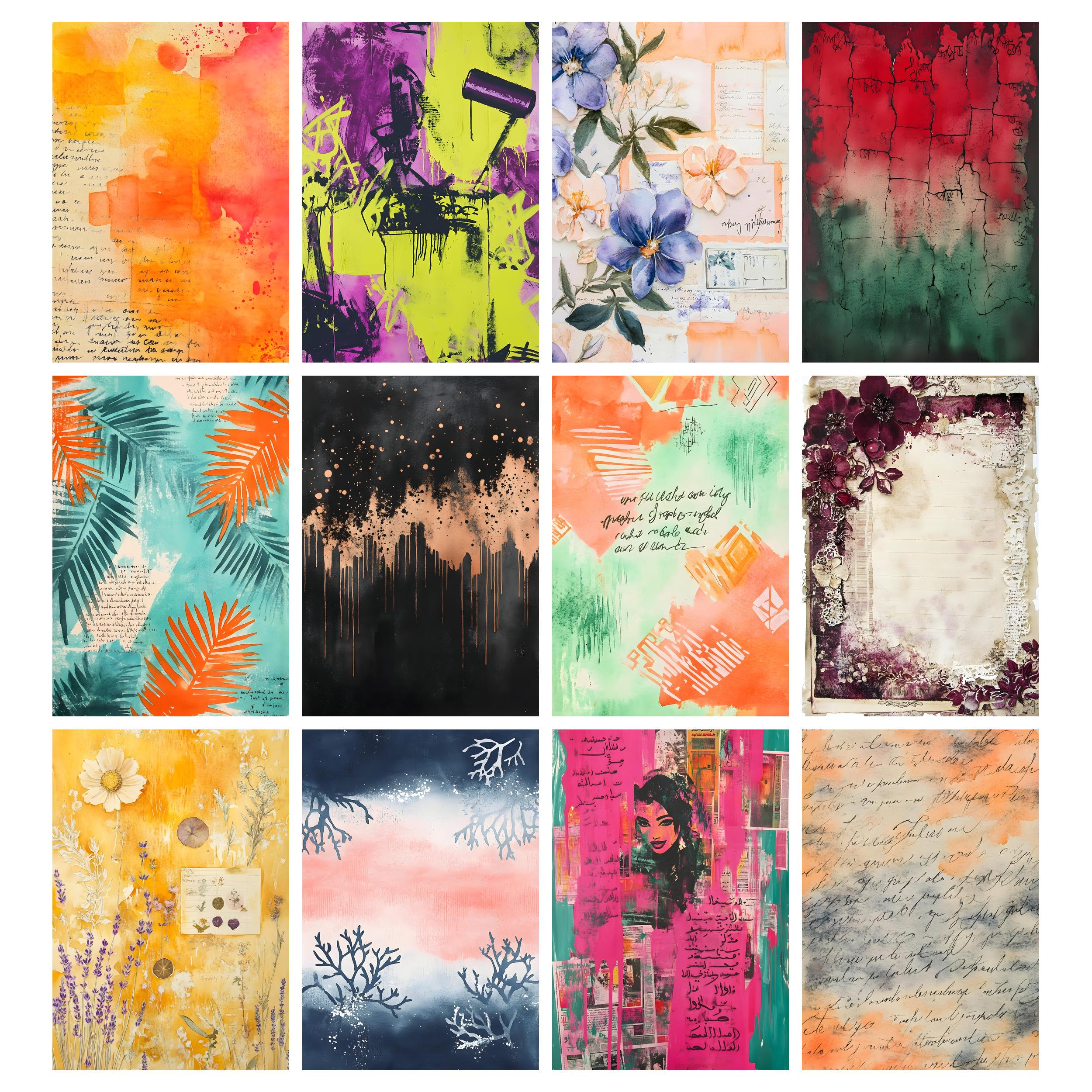 Mixed Media Digital Paper, Colorful Printable Ephemera, Bright Vibrant ...
