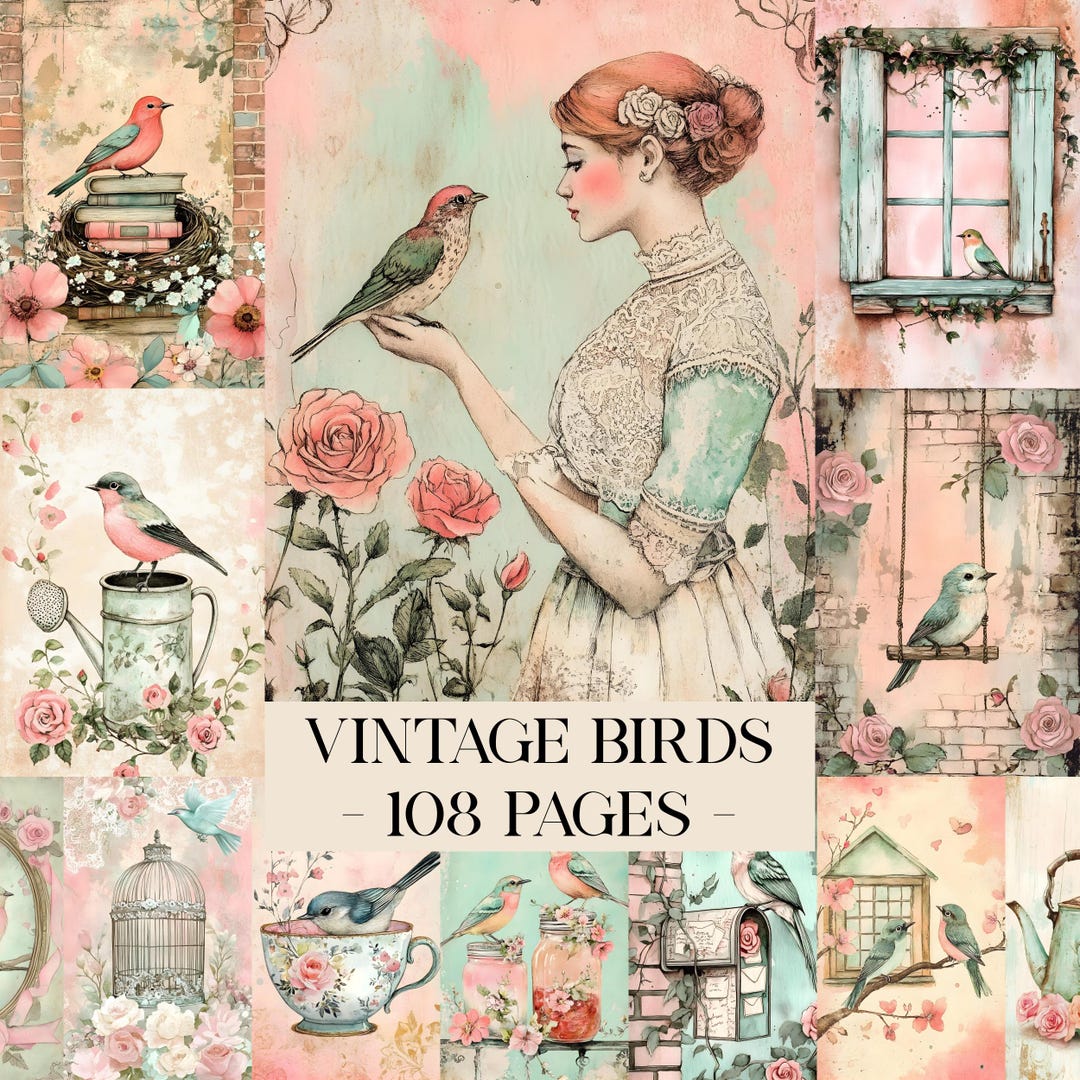 Digital Birds Junk Journal Kit, Vintage Spring Rustic Birds Journaling ...