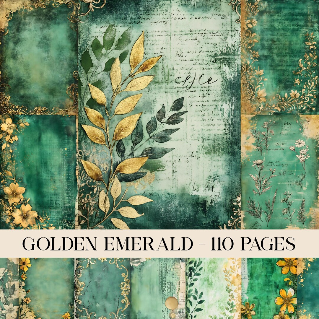 Golden Emerald Junk Journal Pages, Vintage Green and Gold Digital Paper ...
