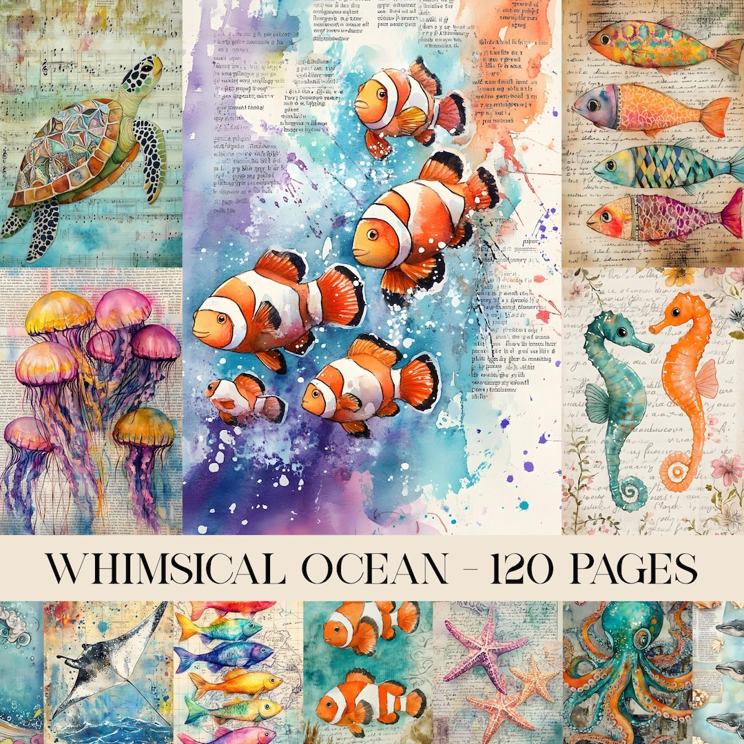 Whimsical Ocean Junk Journal Pages, Vibrant Sea Life Printable Papers ...