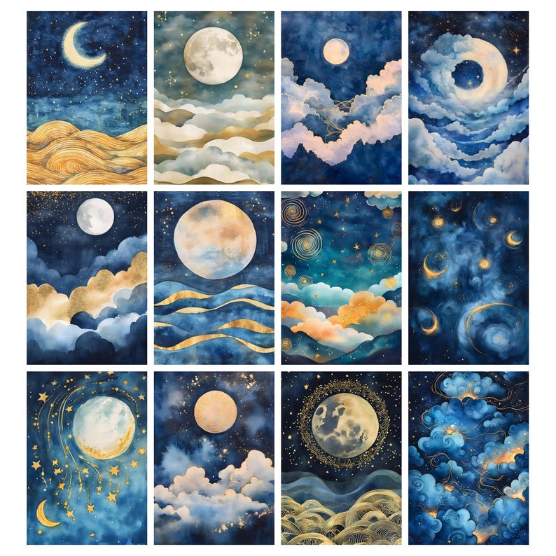 Celestial Night Sky Digital Papers, Moon Junk Journal Pages, Cosmic ...