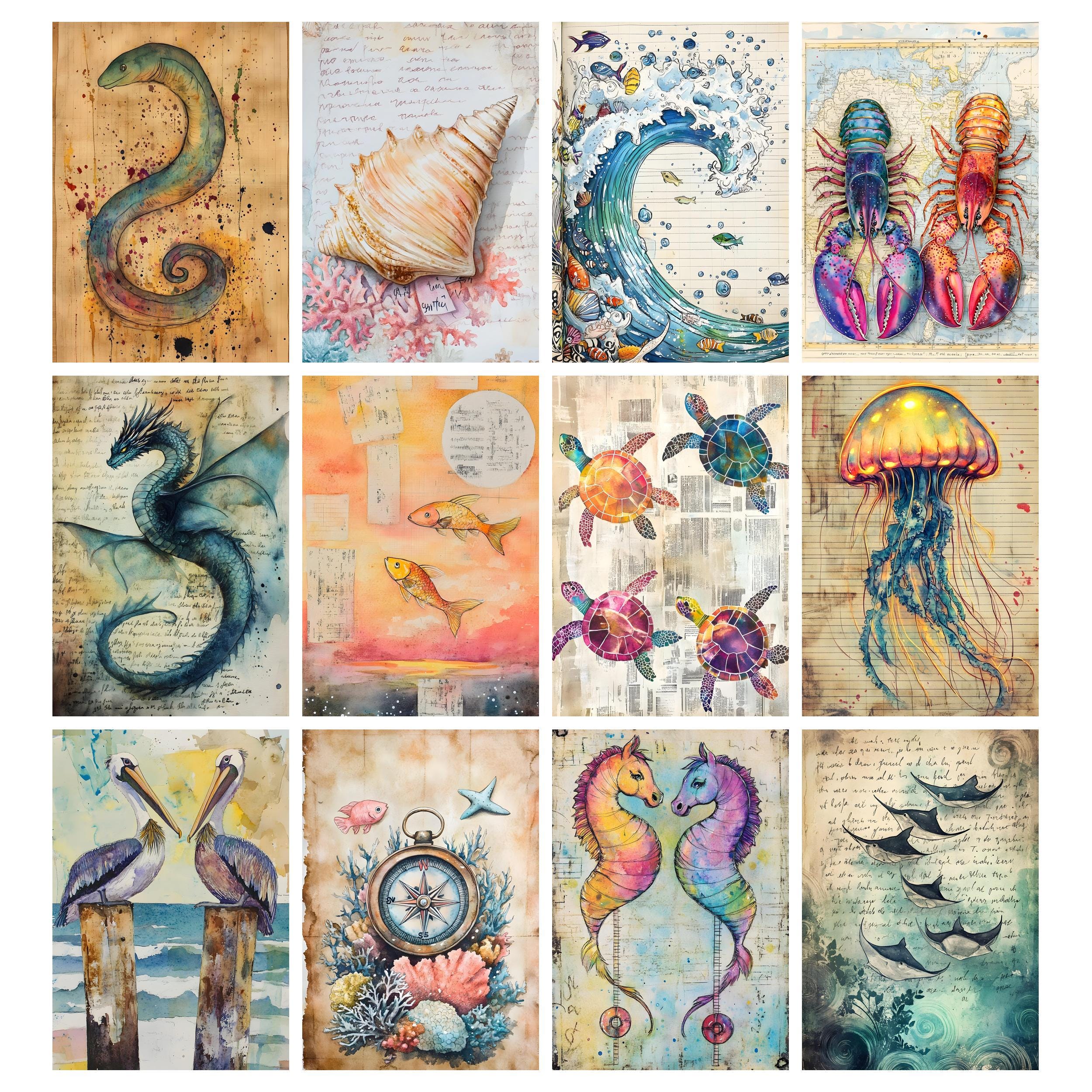 Whimsical Ocean Junk Journal Pages, Vibrant Sea Life Printable Papers ...