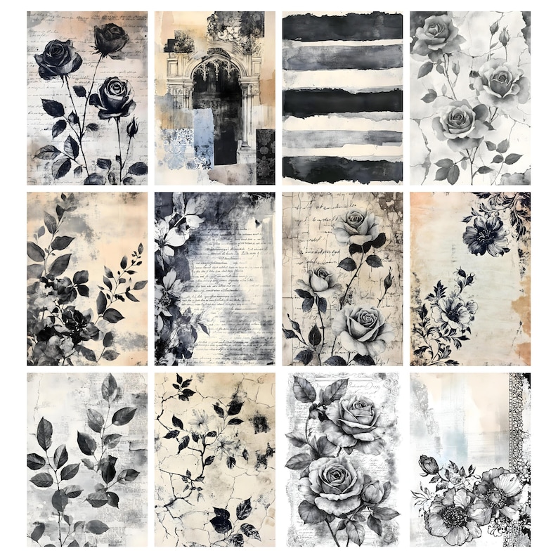 Black and White Distressed Junk Journal Pages, Vintage Grunge Printable ...