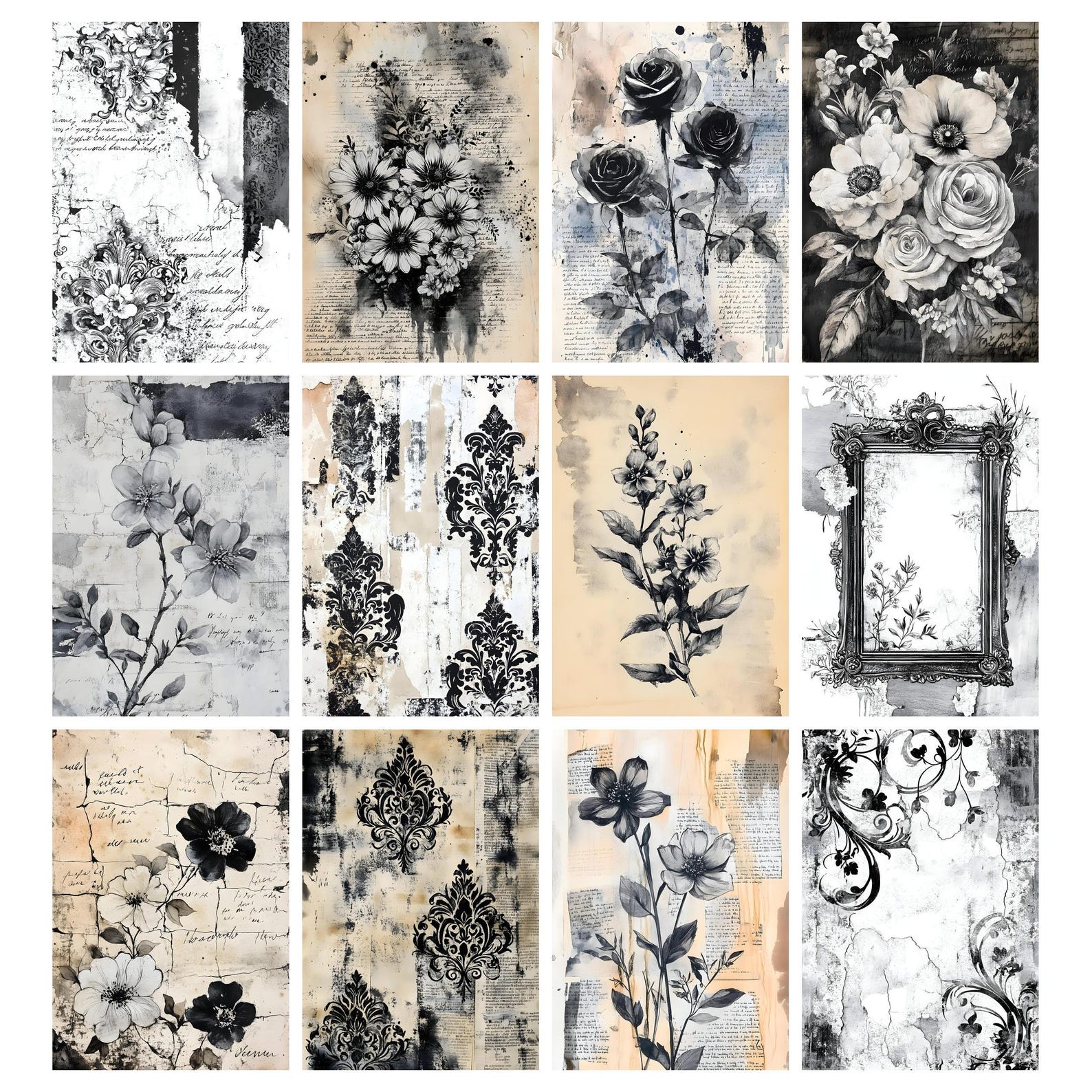 Black and White Distressed Junk Journal Pages, Vintage Grunge Printable ...