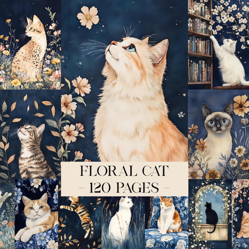 Cat Junk Journal Kit, Cat Journal Pages, Floral Cat Ephemera, Cat ...