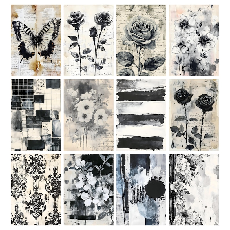 Black and White Distressed Junk Journal Pages, Vintage Grunge Printable ...