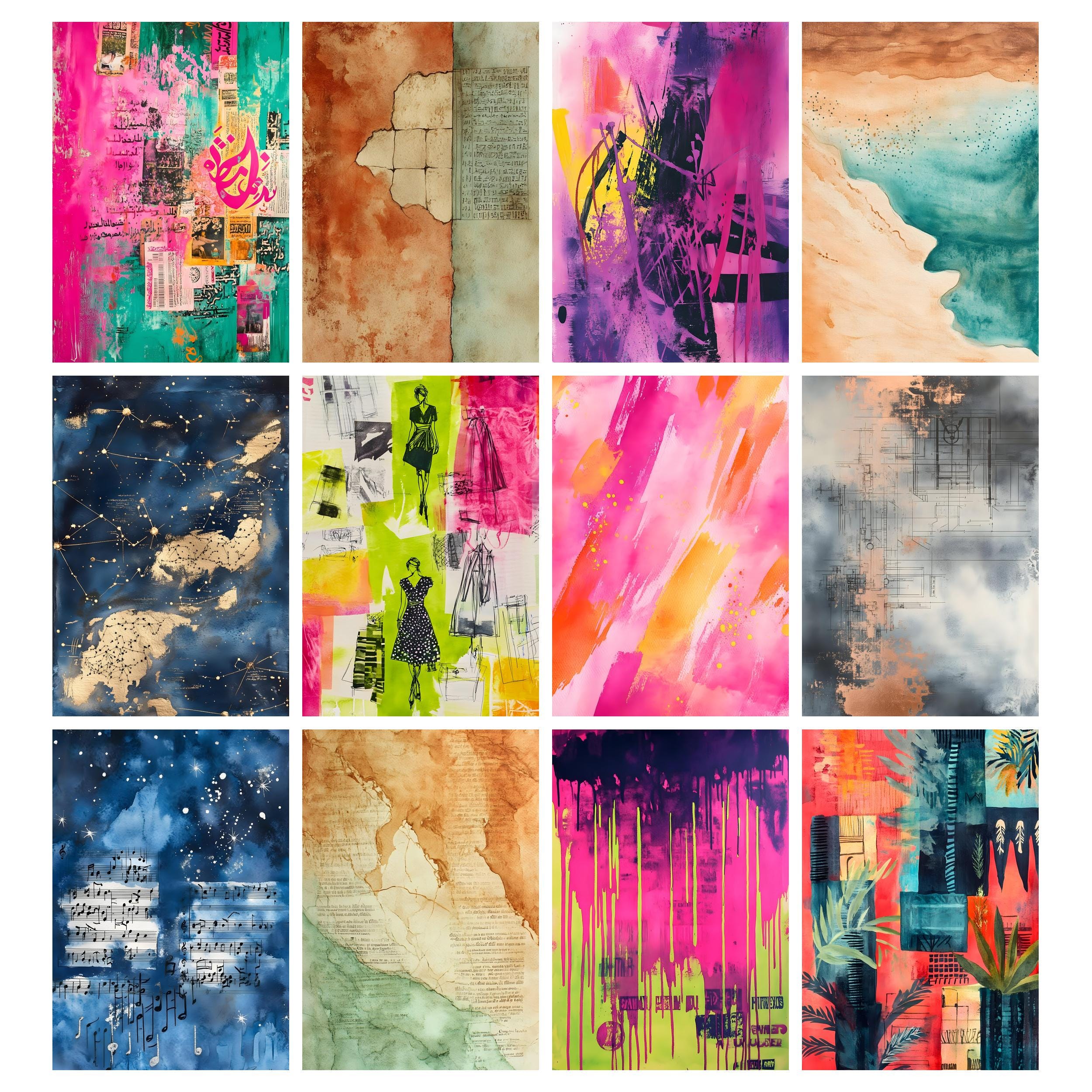 Mixed Media Digital Paper, Colorful Printable Ephemera, Bright Vibrant ...