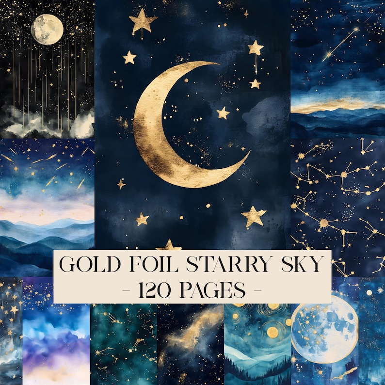 Watercolor Celestial Scrapbook Papers Digital Background Starry Sky ...