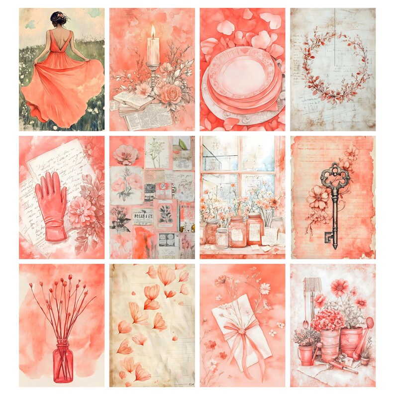Coral Tenderness Junk Journal Printable Pages, Floral Digital Papers ...