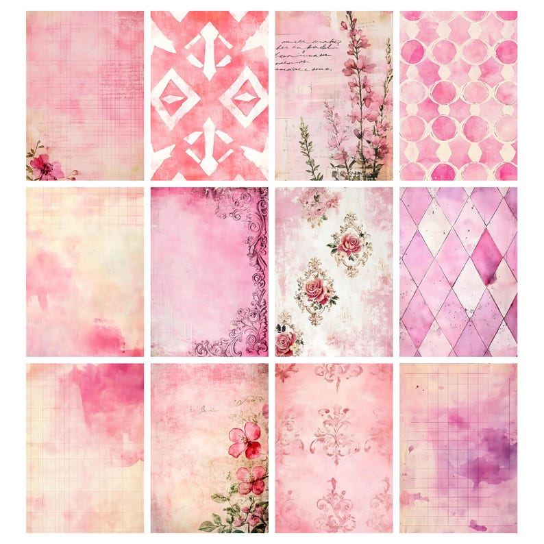 Vintage Pink Paper Printable Set, Pink Notebook Papers, Shabby Chic ...