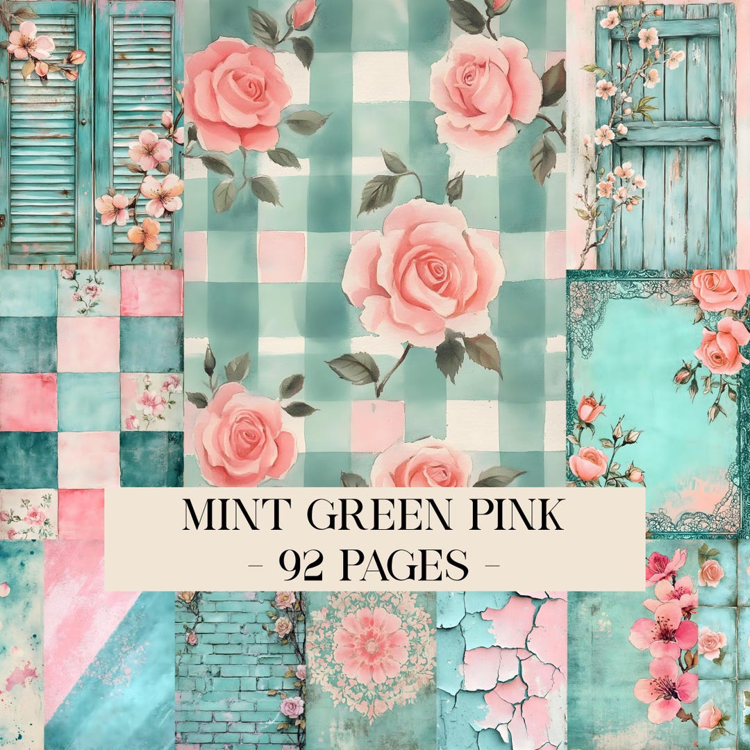 Mint Green Pink Junk Journal Scrapbook Paper, Vintage Shabby Chic ...