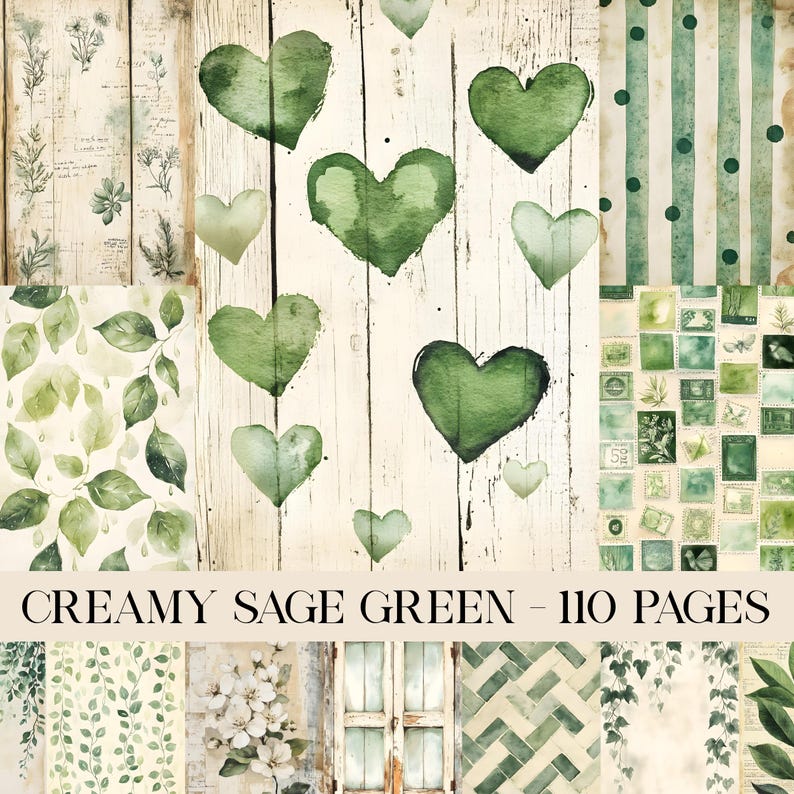 Creamy Sage Green Junk Journal Filler Pages, Abstract, Polka Dots ...