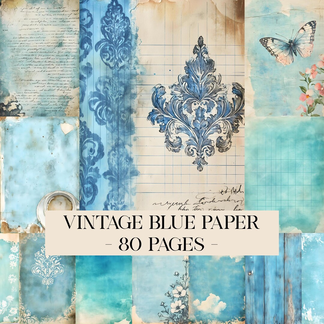 Vintage Blue Printable Paper, Blue Junk Journal Pages, Shabby Chic ...