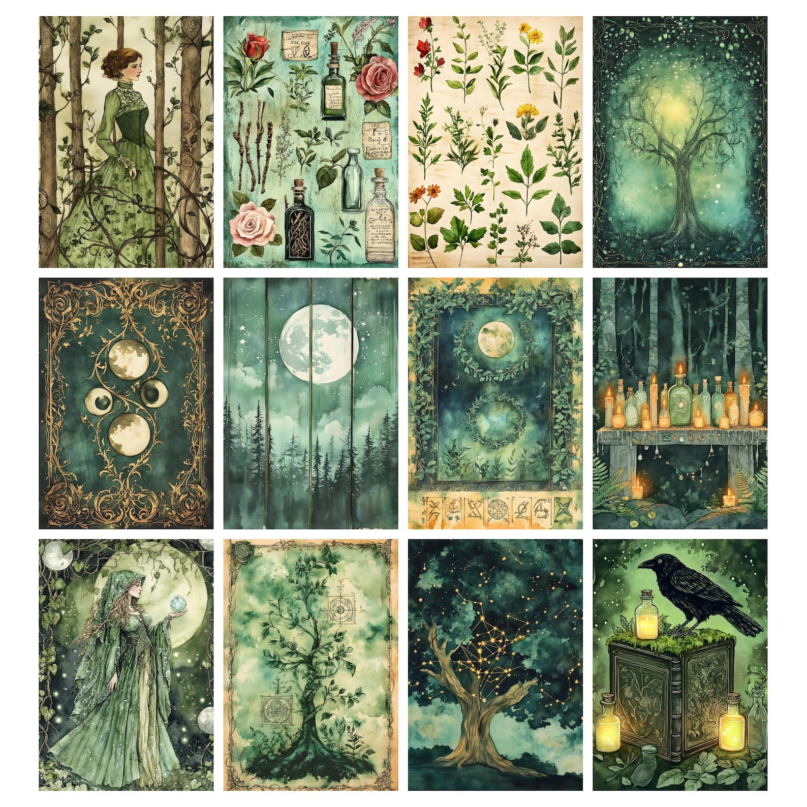 Sacred Pagan Junk Journal Pages, Digital Scrapbook Paper, Green Witch ...