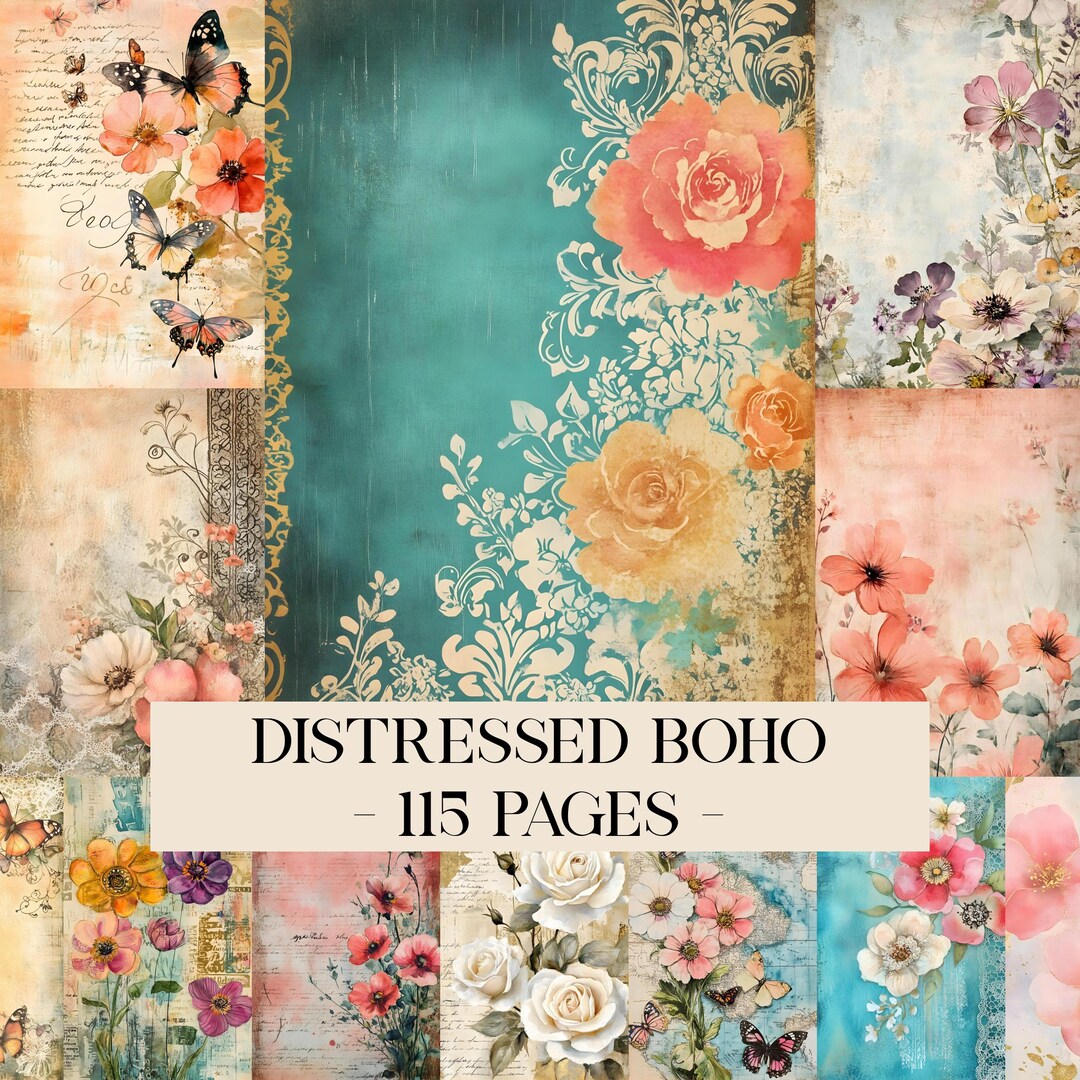 Boho Junk Journal Kit Paper, Distressed Abstract Bohemian Printable ...