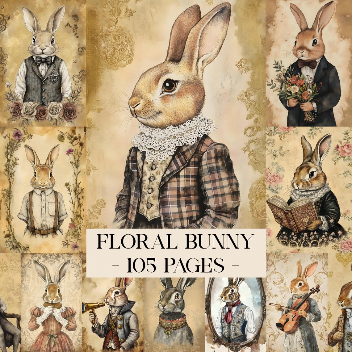 Floral Bunny Digital Papers, Printable Cute Easter Rabbit Botanical Art ...
