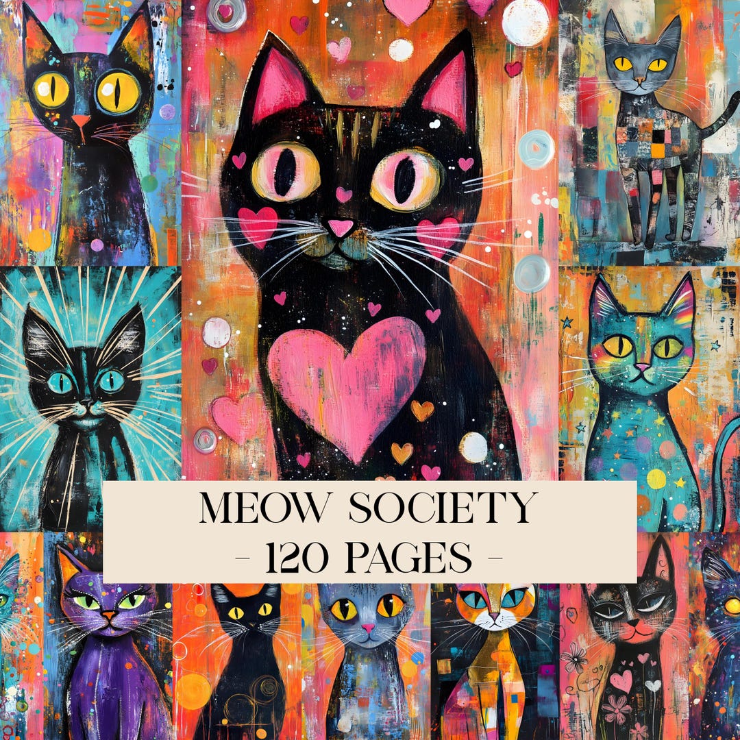 Meow Society Printable Art Pages, Whimsical Digital Papers, Quirky Cats ...