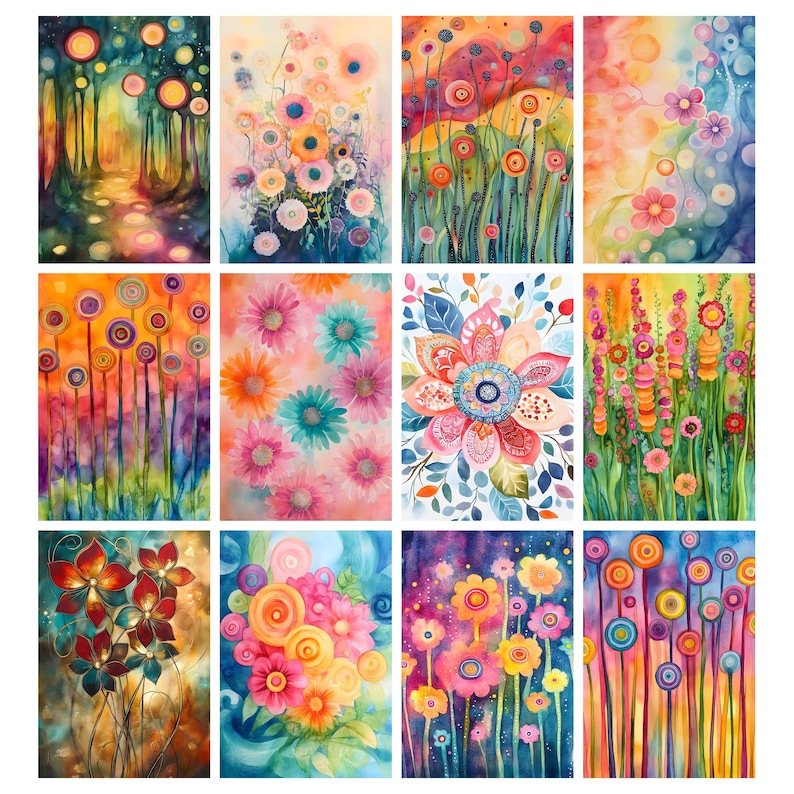 Colorful Flowers Digital Papers, Watercolor Flower Backgrounds, Floral ...