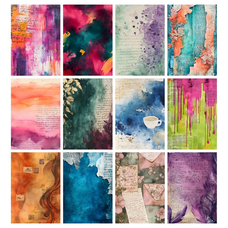 Mixed Media Digital Paper, Colorful Printable Ephemera, Bright Vibrant ...