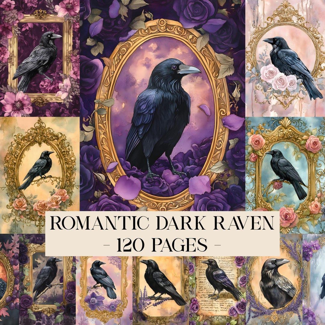 Romantic Dark Raven Junk Journal Pages, Raven Digital Papers, Gothic ...