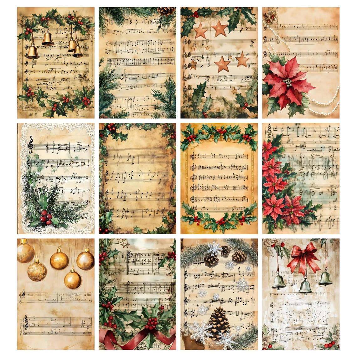 Christmas Music Script Digital Paper Music Sheet, Antique Victorian ...