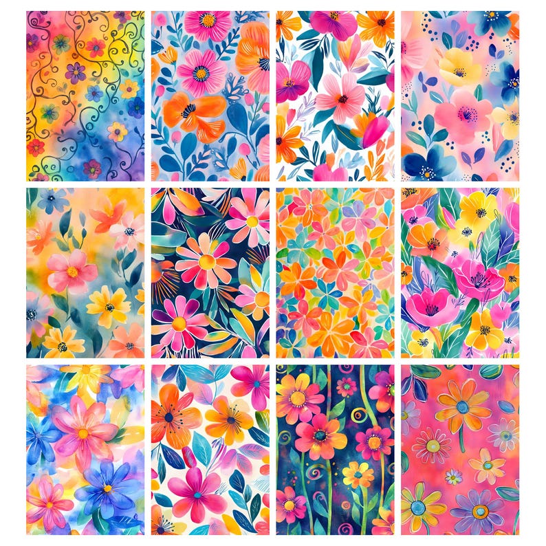 Floral Pattern, Floral Digital Papers, Watercolor Bright Colorful Boho ...