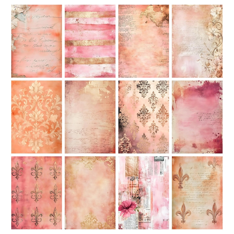 Rose Gold Ephemera Digital Papers, Vintage Scrapbook Papers, Shabby Old ...