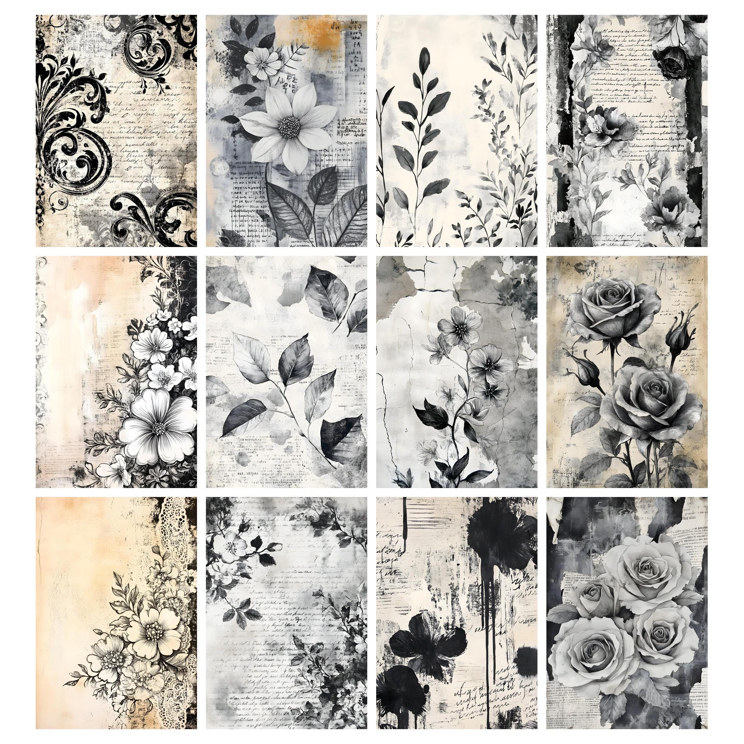 Black and White Distressed Junk Journal Pages, Vintage Grunge Printable ...