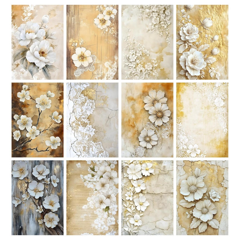 Floral Lace White and Gold Printable Pages, Wood Collage Sheets, Rustic ...