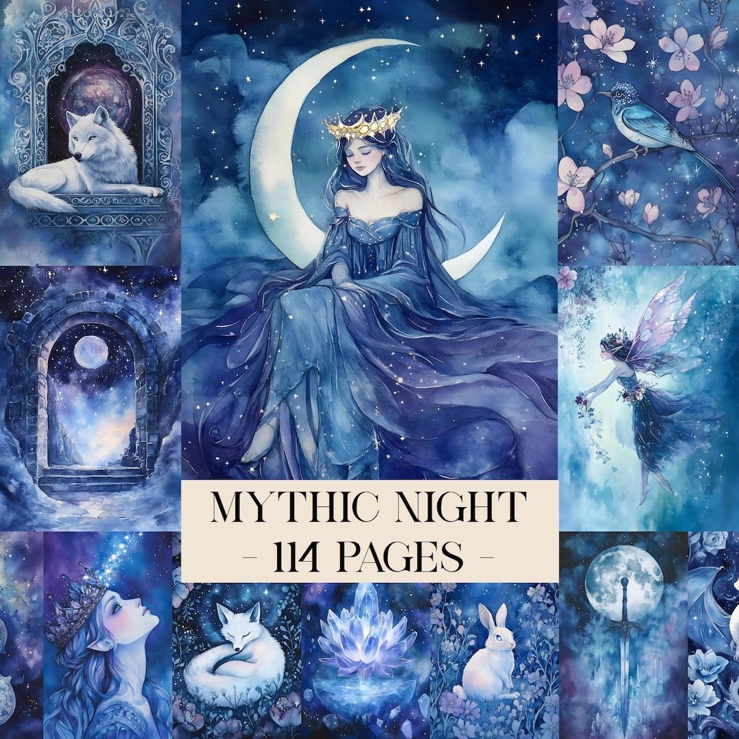 Mythic Night Digital Paper, Watercolor Fantasy Art, Witchy Celestial ...