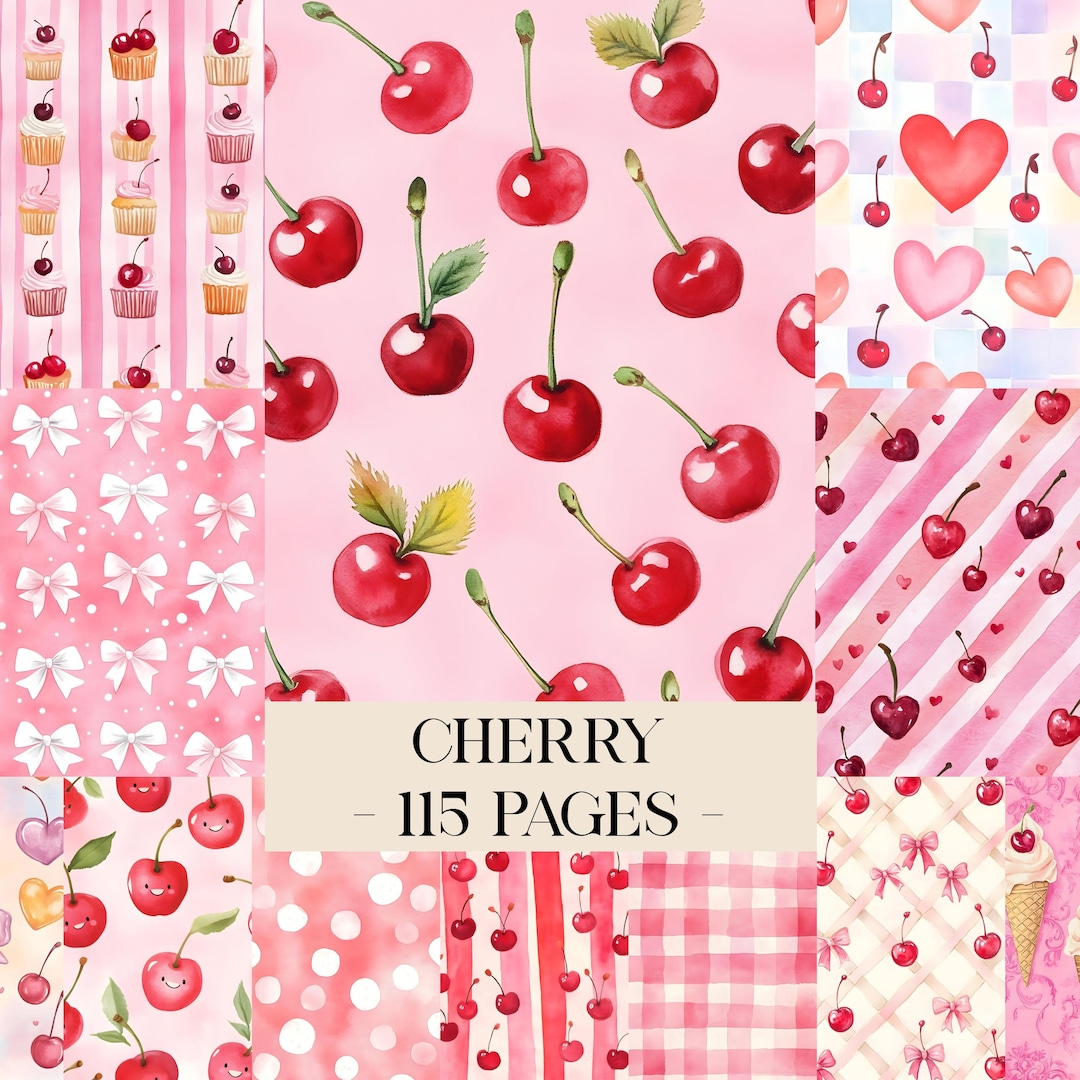 Cherry Digital Papers, Pink Cherry Paper, Coquette Cherry Design ...