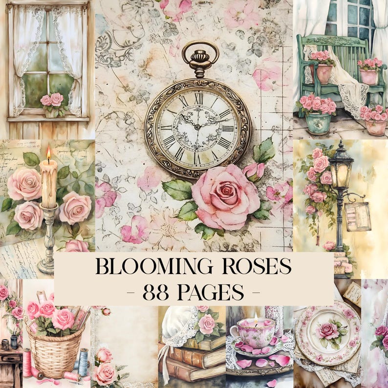 Blooming Roses Decorative Journal Pages, Vintage Floral Junk Journal ...