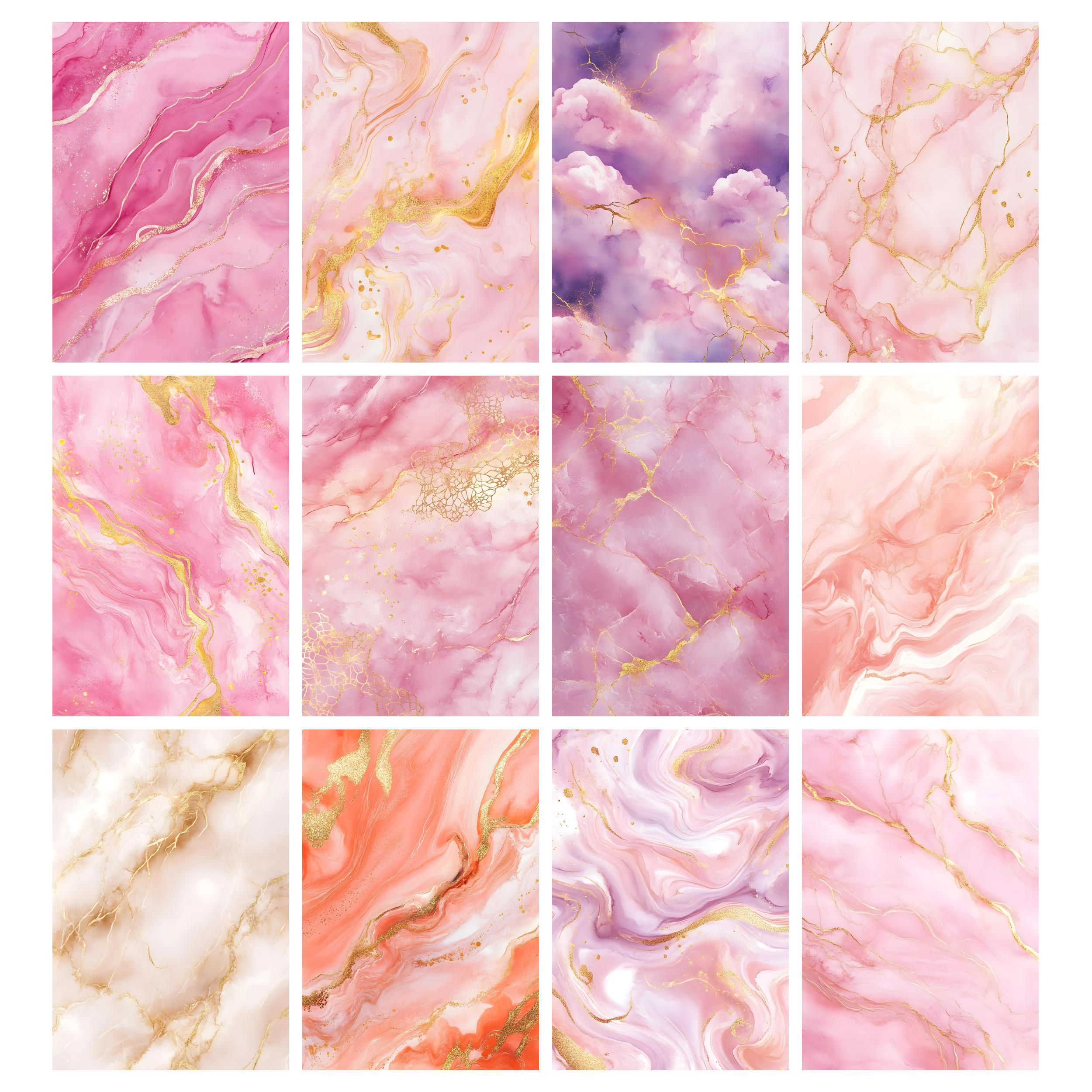 Pink and Gold Marble Digital Paper, Printable Marble Textures With Gold ...