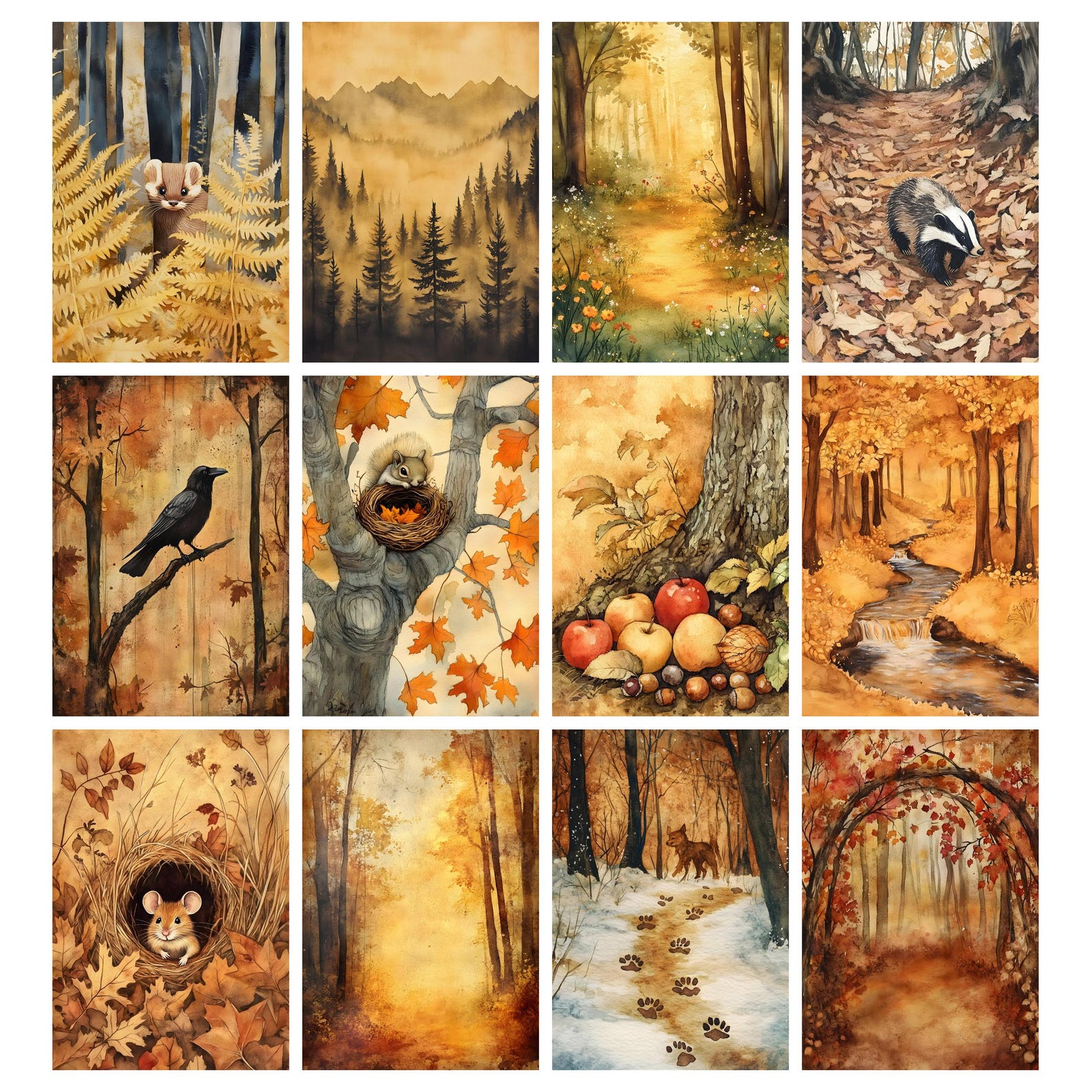 Watercolor Autumn Forest Junk Journal Printable Pages, Autumn Woodland ...