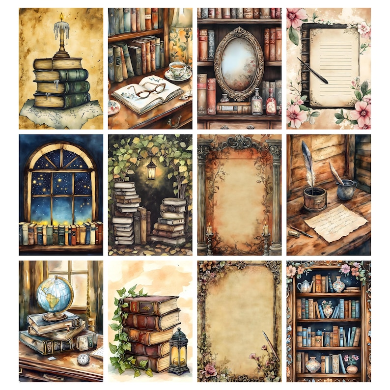 Antique Library Printable Pages, Book Junk Journal Kit, Vintage ...