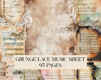 Grunge Lace Music Sheet Junk Journal Double Pages, Old Music Notebook ...