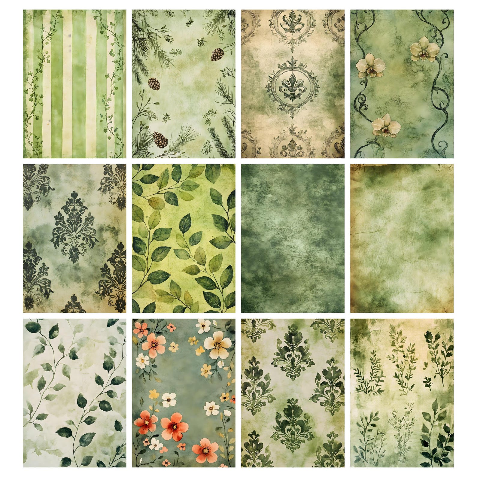 Junk Journal Vintage Grungy Greens Digital Decorative Floral, Geometric ...
