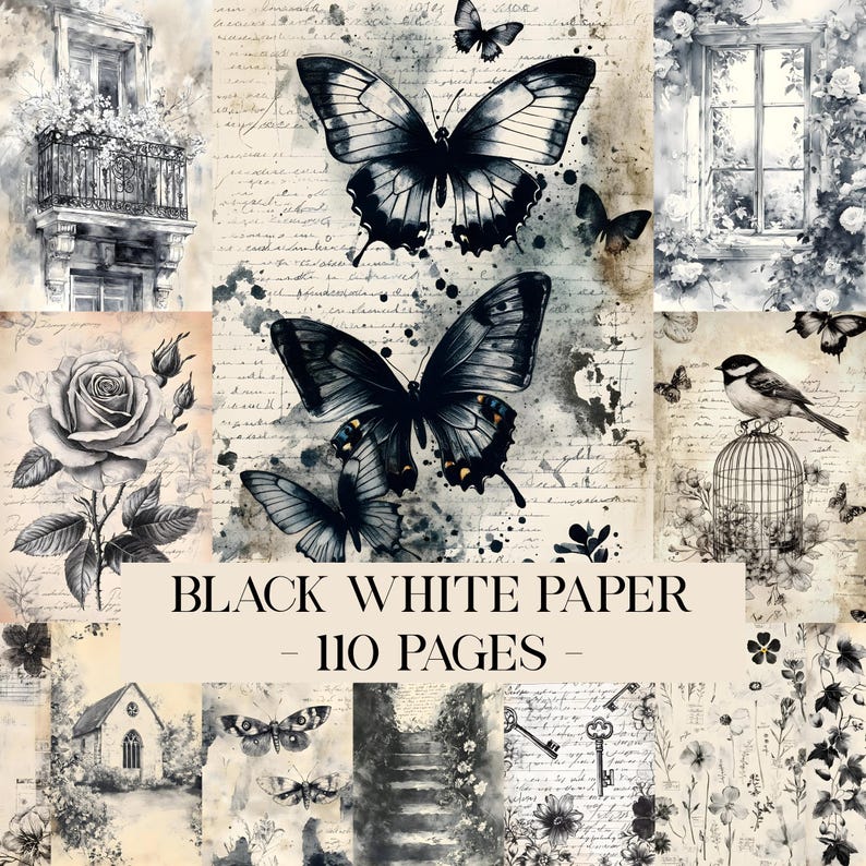 Black White Paper, Ink Saver Printable Stamp Pages, Grunge Botanical ...