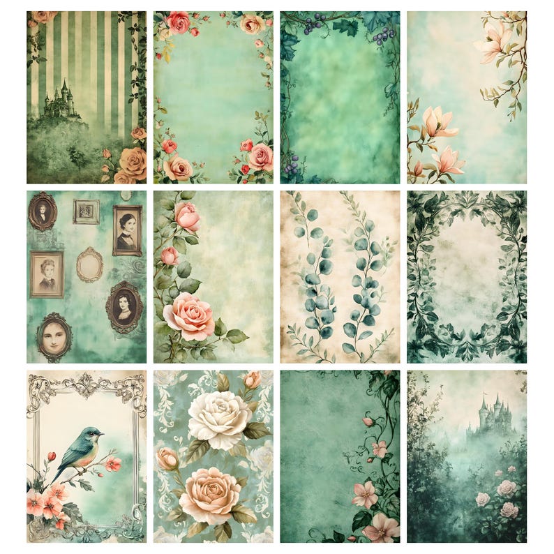 Faded Green Garden Junk Journal Paper, Vintage Shabby Chic, Antique ...