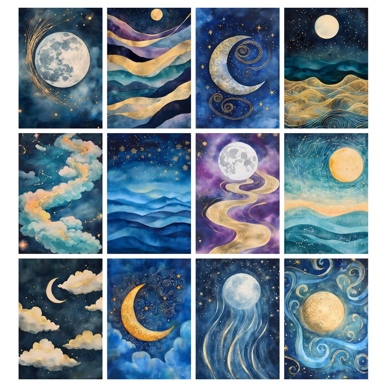 Celestial Night Sky Digital Papers, Moon Junk Journal Pages, Cosmic ...