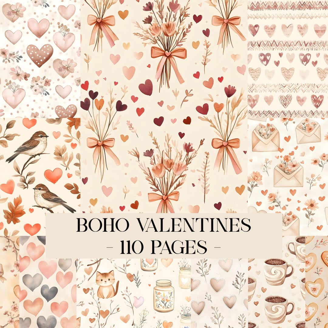 Boho Valentines Digital Papers, Valentine Paper, Hearts Backgrounds ...