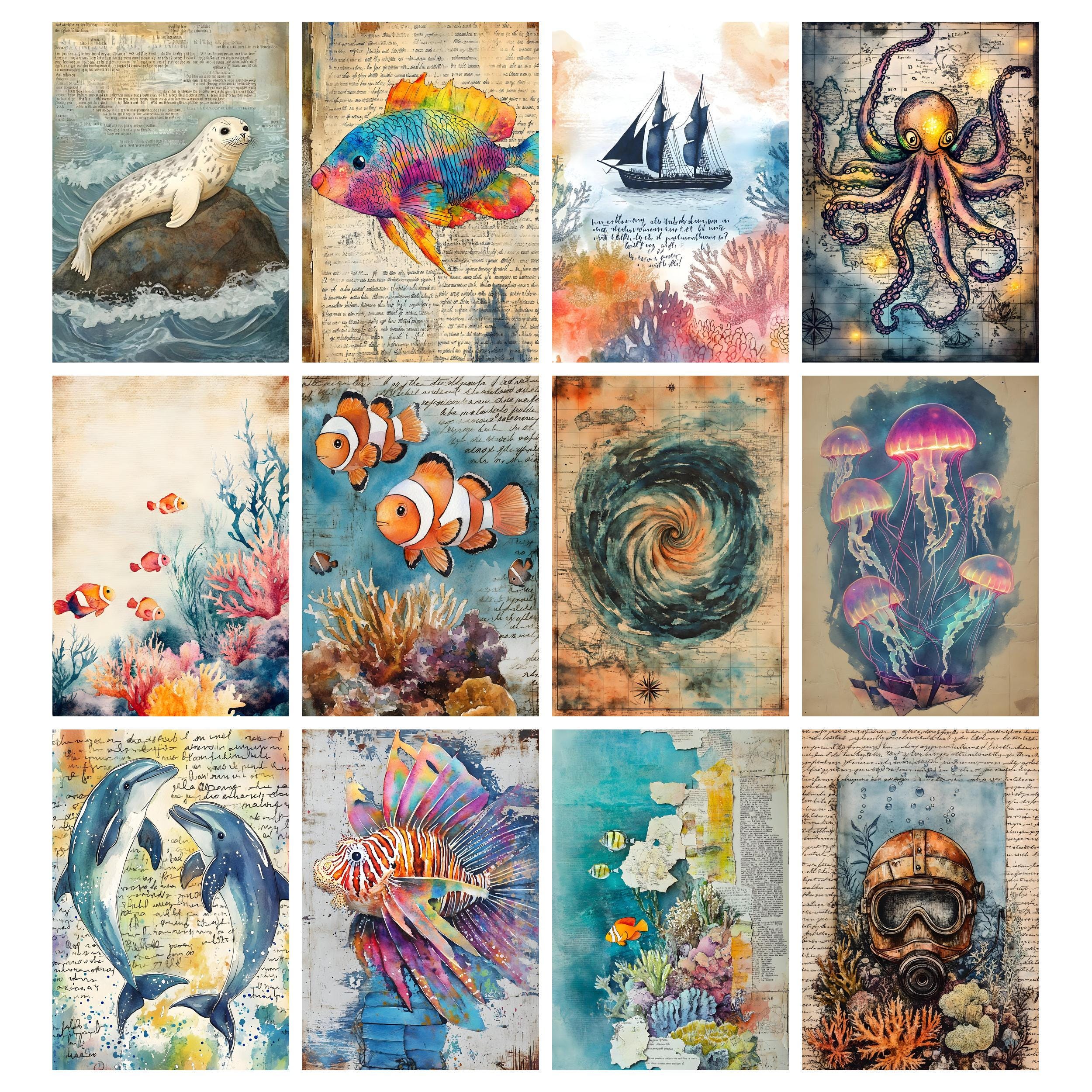 Whimsical Ocean Junk Journal Pages, Vibrant Sea Life Printable Papers ...